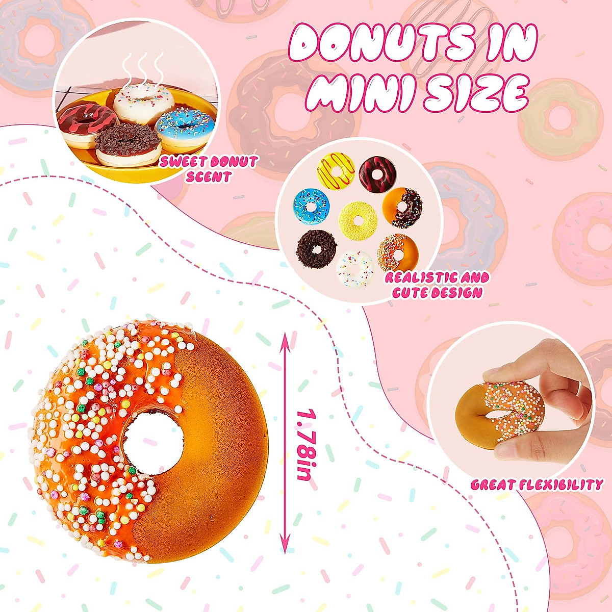 Chalyna 8 Pcs Fake Donuts Realistic Artificial Donuts Toy Fake Food Fake Cakes Desserts Donut Decorations Toys for Doughnut Party New Years Party Supplies Favors Food Decoration Prop, 1.78 (Cute)