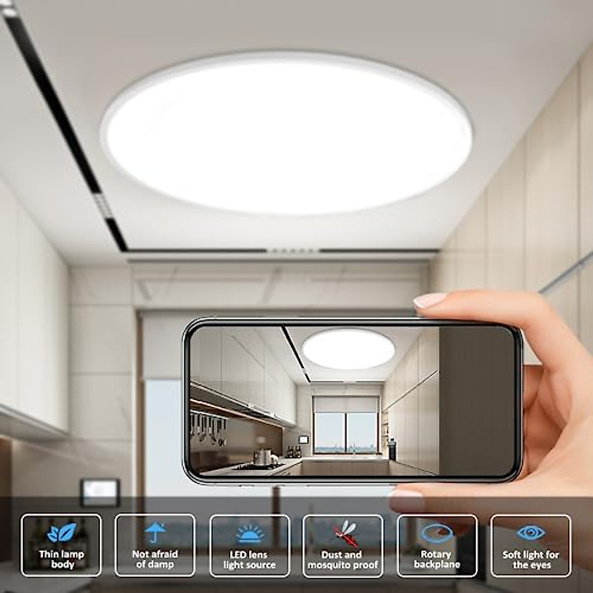 JHPGEOE Flush Mount LED Ceiling Light Fixture,Ultra-Thin 30W LED Ceiling Light,Close to Ceiling Lighting Fixtures for Living Room,Bedroom,Dining Room,Kitchen,Laundry Room (White Light (White))