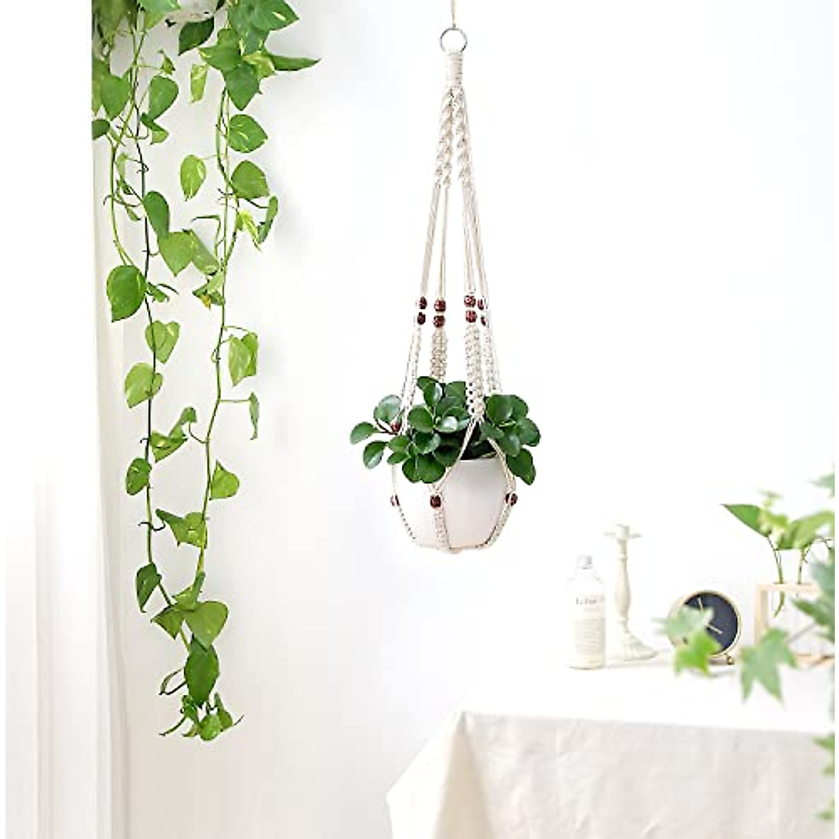Mkono Macrame Plant Hanger Indoor Outdoor Hanging Planter Basket Cotton Rope with Beads 35 Inch