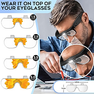Dilzekui Magnifying Glass with Light 1.5X to 5.0X, Rechargeable Magnifying Glasses Head Magnifier, Lighted Magnifying Glass with Carry Case, 4 Lenses, Magnifying Headset for Close Work Crafts Jewelry