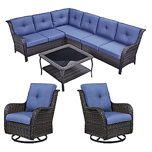 Pugire Wicker Patio Furniture Set - 8 Seater Rattan Outdoor Conversation Sets with 2 Swivel Chairs,2 Loveseat,1 Corner Sofa,1 Armless Chairs and 1 Square Glass Top Coffee Table(Brown/Blue)