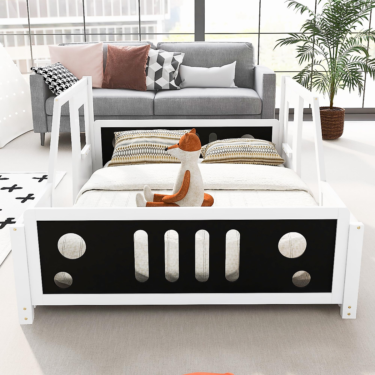 Full Size Car Bed, Wood Floor Bed Frame with Headboard & Footboard and 4 Side Rails, Kids Racecar Bed for Boys Girls Teens, White