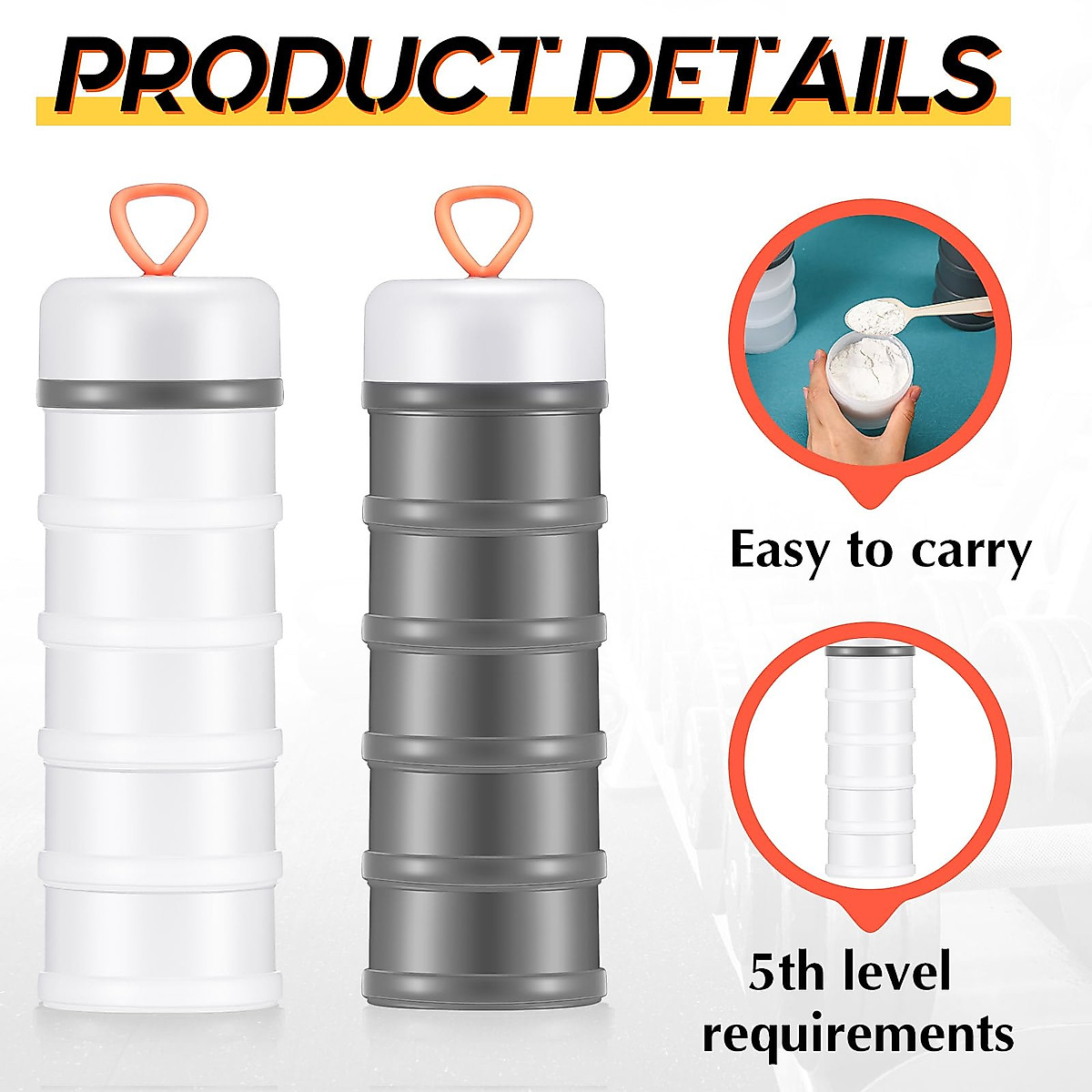 Baderke 4 Pcs Protein Powder Container 5 Layers Stackable Leakproof Container Powder Dispenser with Funnels Stand Keychain Flour Container for Workout Fitness(Gray, White)