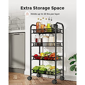 Pipishell 4-Tier Mesh Wire Rolling Cart Multifunction Utility Cart Metal Kitchen Storage Cart with 4 Wire Baskets Lockable Wheels for Home, Office, Kitchen PIUC02