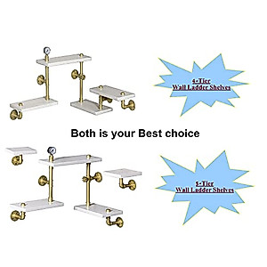 ZYUXUAN Industrial White and 18K Gold Floating Ladder Shelves, Wall Mounted Bookshelf/Bookcases for Home, Modern Pipe Frame Shelving with Wood Planks Floating Hanging Rack for Kitchen Bathroom Office