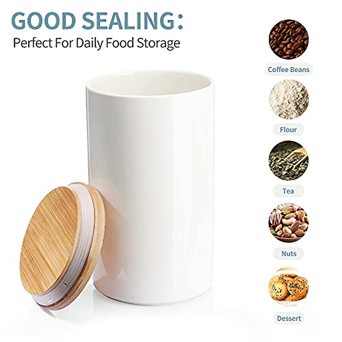 Sweese 817.101 Kitchen Canister, 65oz/1930ml Porcelain Food Storage Jar with Bamboo Lid for Ground Coffee, Flour, Tea, Sugar, Airtight Coffee Container, White