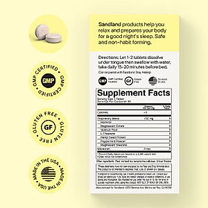 Sandland Fall Asleep Plus Melatonin, Natural Daily Sleep Supplement, 30 Dissolving Tablets, 3mg Melatonin, Magnesium, Valerian Root, L-Theanine, Peppermint Leaf, Made in The USA