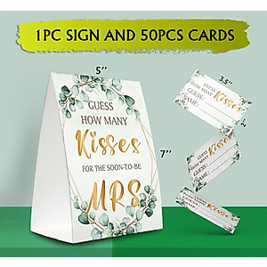 Tesedupoole Bridal Shower Game Cards Kit (1 Standing Sign + 50 Guessing Cards),Greenery Golden,Guess How Many Kisses for The Soon to Be Mrs,Bridal Tribe Party - RH15