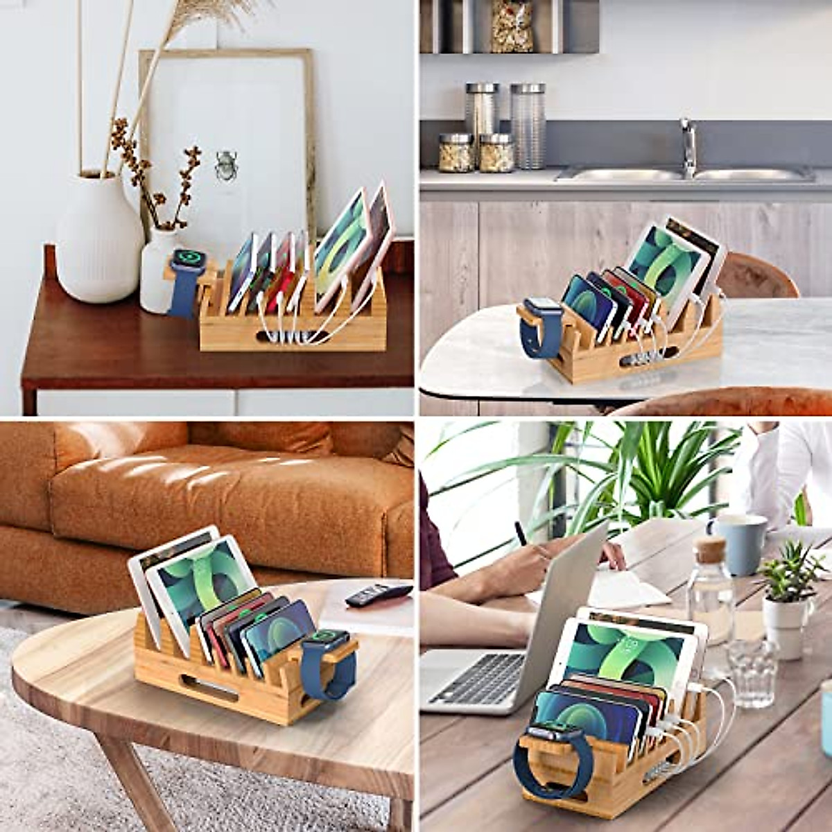 Pezin & Hulin Bamboo Charging Station Holder with 5 Port USB Charger, Watch Stand, 6 x Charge Cable, Wood Docking Stand Electronic Organizer for Multiple Devices, Phones, Tablets, Laptop and More