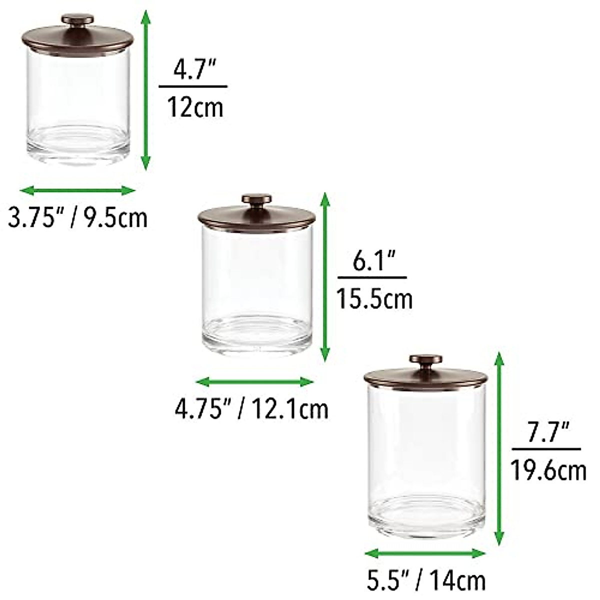 mDesign Plastic Apothecary Canister Jar Storage Organizer for Bathroom, Bedroom, Vanity, Kitchen Cabinet Organization - Holds Cotton Swab - Lumiere Collection - Set of 3 - Clear/Bronze