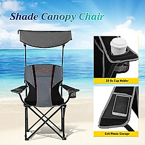 FAIR WIND Oversized Camping Lounge Chair with Adjustable Shade Canopy, Heavy Duty Quad Fold Chair Arm Chair - Support 350 LBS (Black Grey)