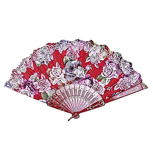 Prylio Foldable Fan Folding Hand Fan Pattern Hand Fan Silk Bamboo Folding Hand Folded for Church Wedding Dance Party Colorful Lace Silk Folding Fan Handheld Fans (Color : A6)