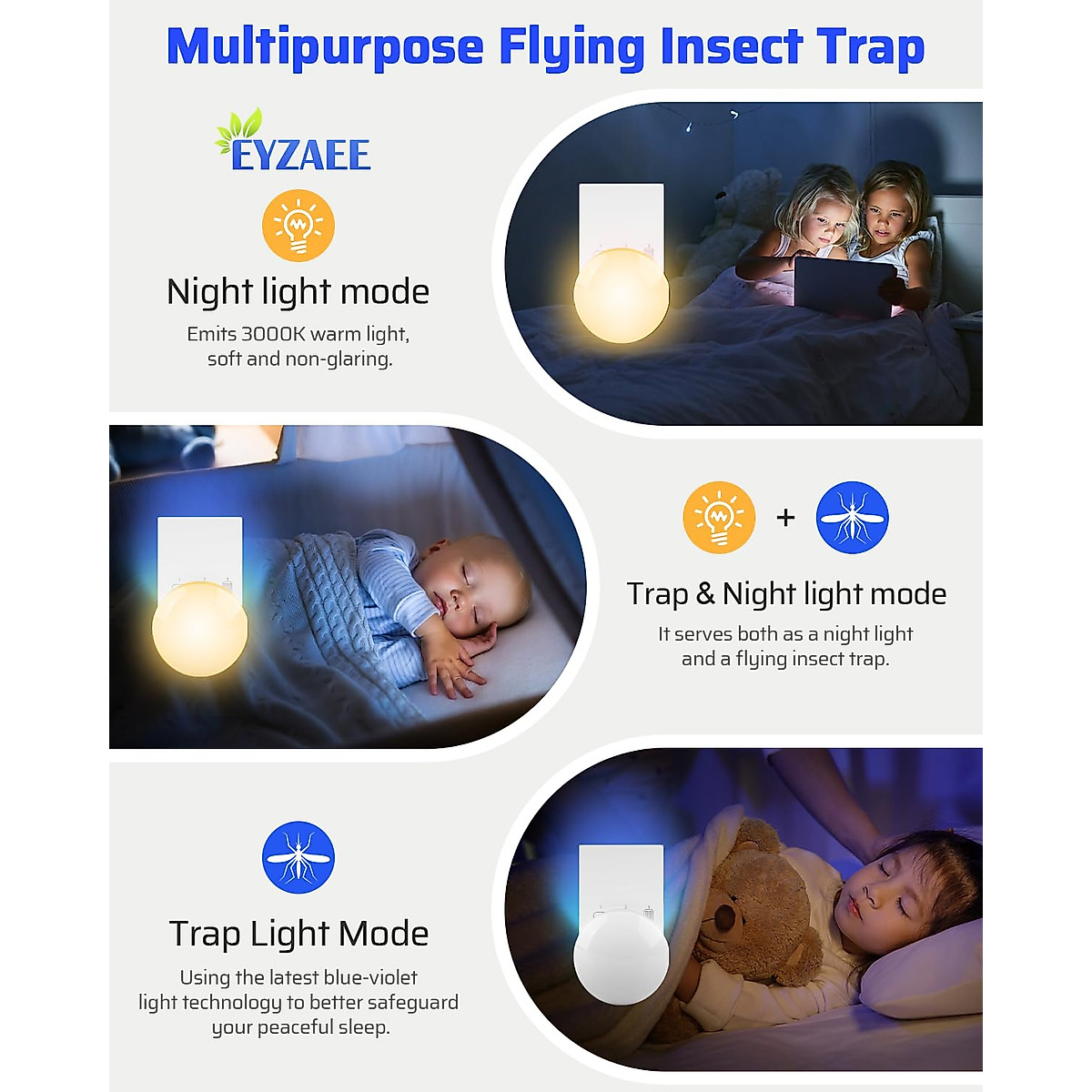 Eyzaee Fruit Fly Traps for Indoors, 2 in 1 Flying Insect Trap Blue Light Plug in Bug Catcher with Warm Night Light Effective Insect Control for Home-Odorless and Mess Free(1 Device + 5 Glue Boards)