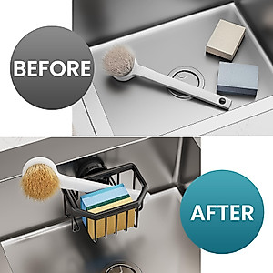 TAILI Sponge Holder with Strong Suction Cup, Dish Sponge Caddy Inside Sink Removable, Rustproof Aluminum for Sponges, Brushes, Stoppers and Scrapers - Black