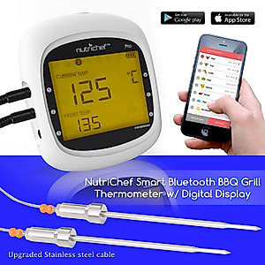 Wireless Bluetooth BBQ Digital Thermometer - Upgraded Stainless Smart Dual Grill Probes w/ Remote Alert, Safe to Use in Outdoor Barbecue Meat Smoker, Works w/ iOS Android Phone - NutriChef