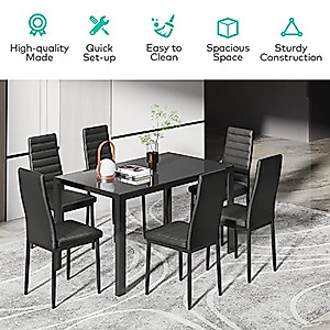 Gizoon Glass Dining Table Sets for 6, 7 Piece Kitchen Table and Chairs Set for 6 Person, PU Leather Modern Dining Room Sets for Home, Kitchen, Living Room Black