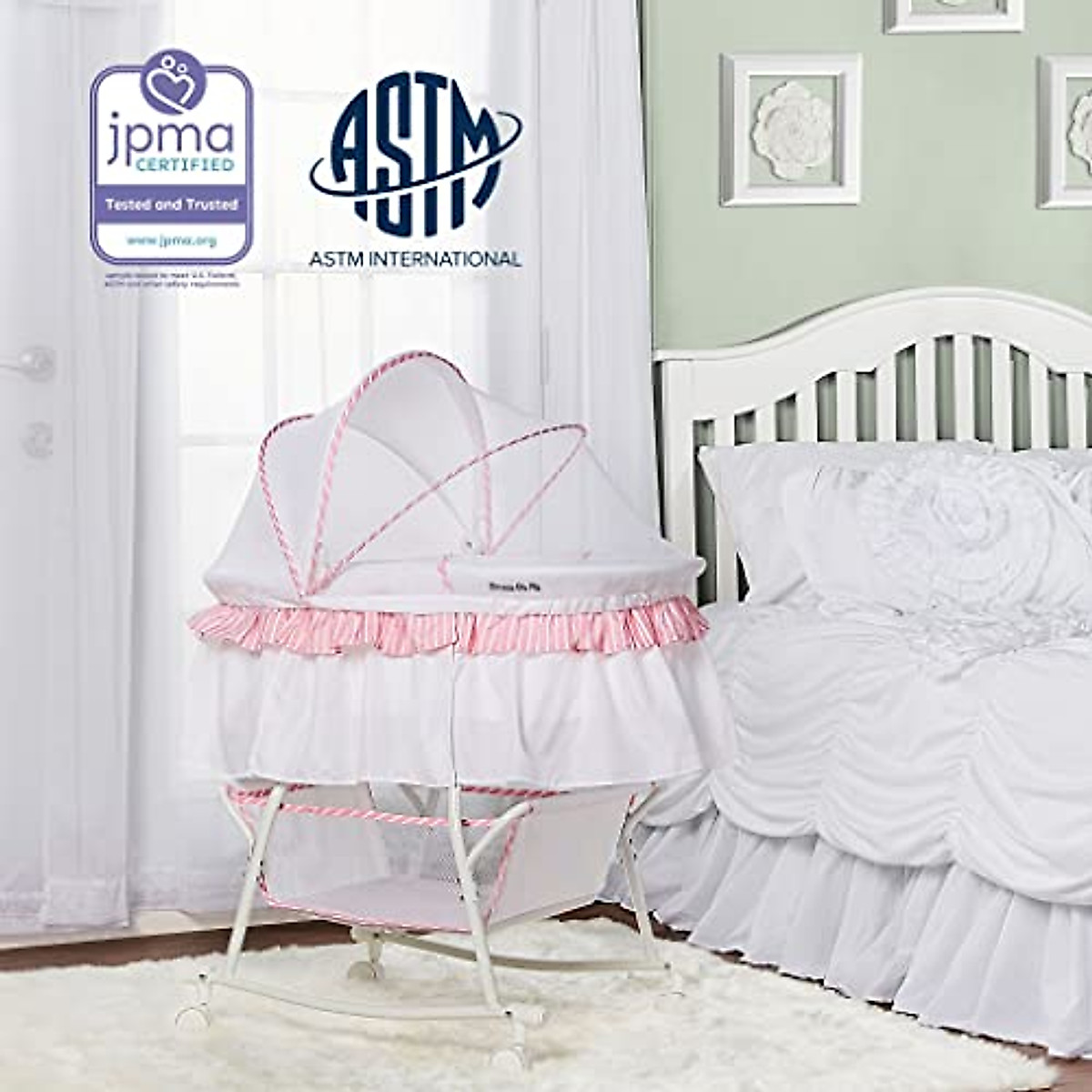 Dream On Me Lacy Portable 2-in-1 Bassinet & Cradle in Pink and White, Lightweight Baby Bassinet with Storage Basket, Adjustable and Removable Canopy