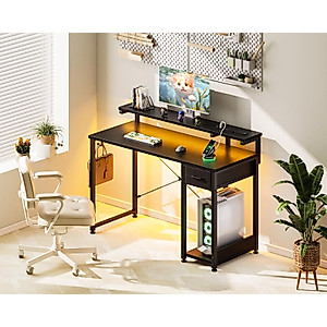 AODK Gaming Desk with LED Lights & Power Outlet, 40 Inch Computer Desk with Drawer, Reversible Desk with Adjustable Monitor Shelf & Headphone Hook for Home Office, Black