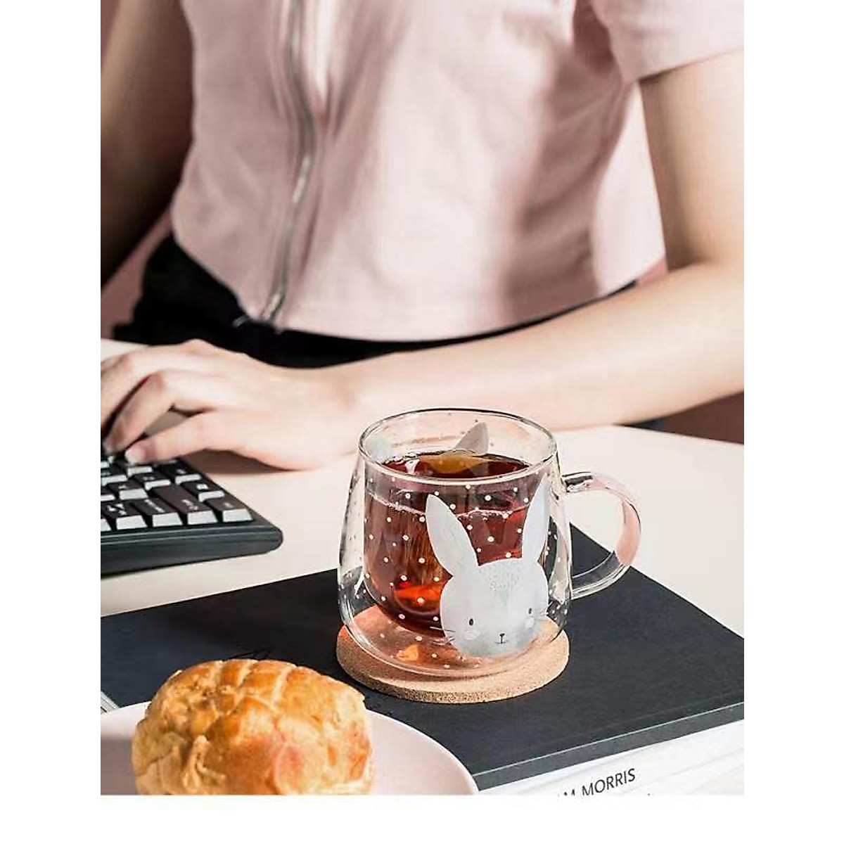 KASOGRY Coffee Cup Clear Coffee Mug, 11oz Double Wall Glass Tea Cup, Insulated Layer Borosilicate Glass Mugs, Handcrafted Funny Coffee Mugs for Women/Men Gift Hot Beverage-Bunny