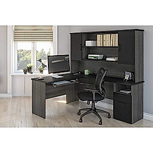 Bestar Norma L-Shaped Desk with Hutch, 71W, Black & Bark Gray