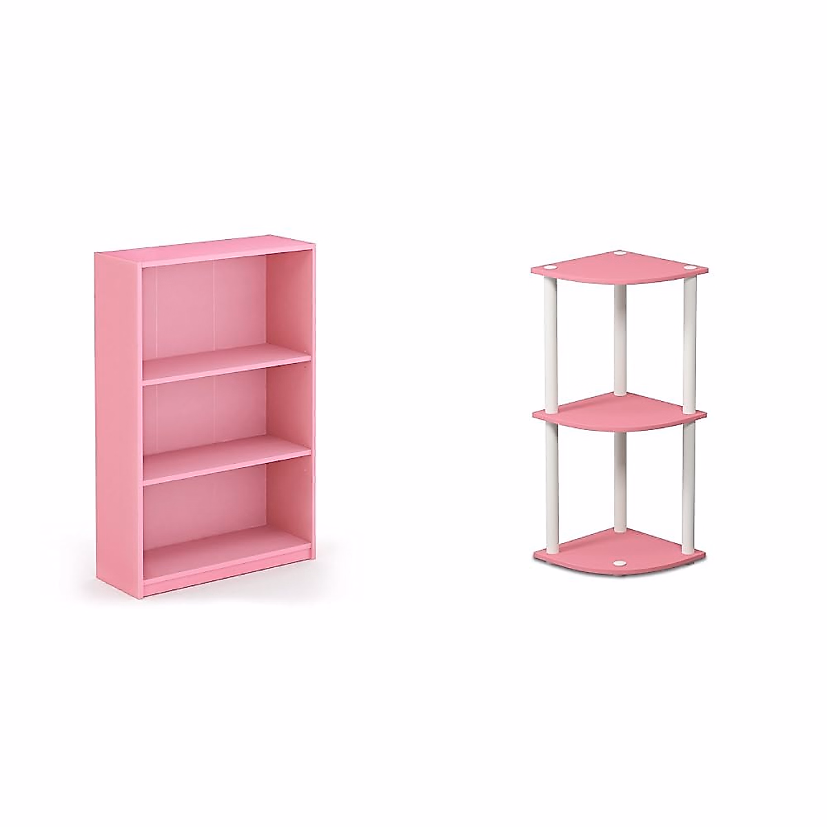 Furinno Jaya Simple Home 3-Tier Bookcase and Turn-N-Tube 3-Tier Corner Display Rack (Pink/White)