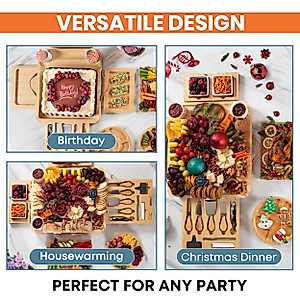 Cheese Board - 2 Ceramic Bowls 2 Serving Plates. Magnetic 4 Drawers Bamboo Charcuterie Cutlery Knife Set, Round Tray, 2 Forks, Wine Opener, Labels, Markers, Gift for Birthdays, Weddings, Housewarming