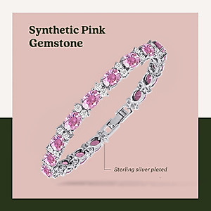 KEZEF Tennis Bracelets For Women - Cubic Zirconia - Oval 7x5mm Pink Gemstones - Round 2.50mm White CZ - Silver Plated Brass - 7 Inch - Hypoallergenic Bracelets