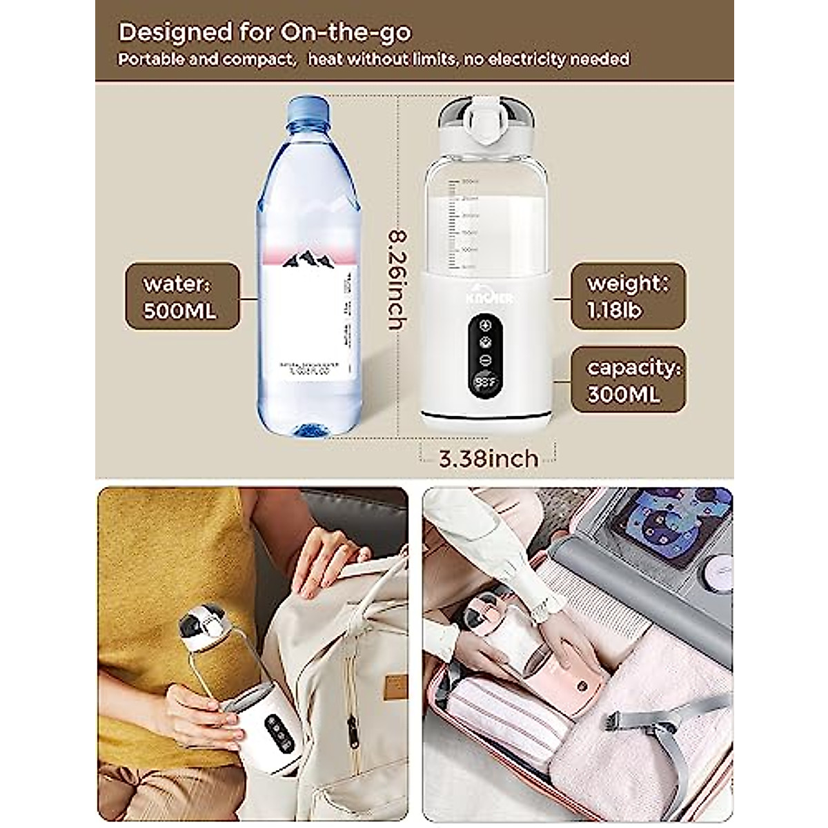 Portable Water Warmer for Baby Formula Travel, Wireless 9000mAh Battery Operated Portable Bottle Warmer, Precise & Adjustable Temperature, 10 Oz Detachable Glass Travel Bottle Warmer for Breastmilk