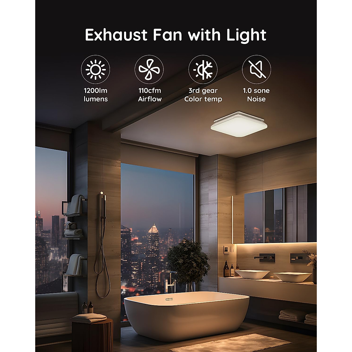 Fitop Bathroom Exhaust Fan with Light,Ceiling Mount Shower Ventilation Exhaust Fan with Light,110 CFM 1.0 Sones Bathroom Vent Fan with Light,43W Bathroom Fan 1200LM LED Light 3000K/4000K/5000K