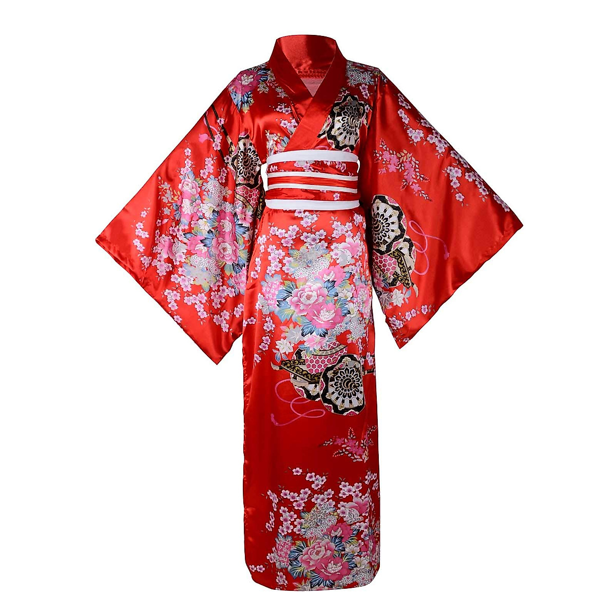 Women Japanese Kimono Robe Sweet Floral Patten Japanese Kimono Cosplay Dress Outfit Women Silk Satin Bathrobe Sleepwear (Long Kimono Red)
