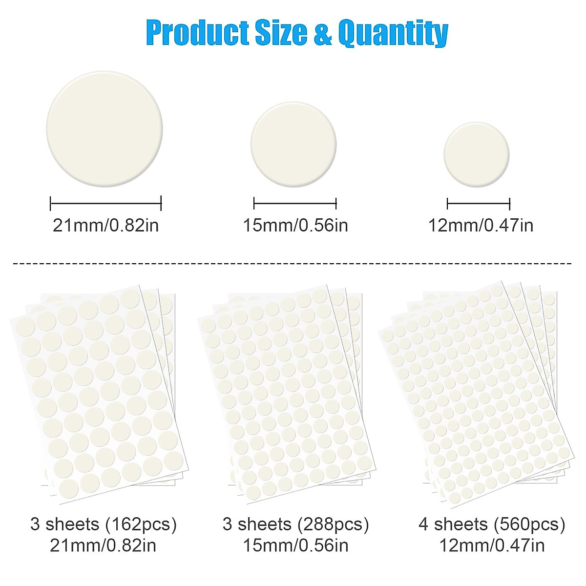 SUNJOYCO 1010 Pcs Screw Hole Covers, 10 Sheets Self-Adhesive Screw Hole Stickers, Dustproof Screw Cover Caps White, 12mm 15mm 21mm