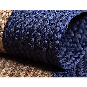 Agro Richer Rug Beige Blue Border Jute Hand Braided Rectangle Shape Home Living Room Living Room Farmhouse Carpet Rag Rug (180 x 240 Cm (6x8 Feet))