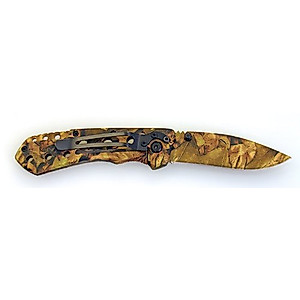 Camouflaged Handled Hunting Knife with a single 7-1/4 Folding Straight Edge Camouflaged Smooth Blade made of 440 Stainless Steel