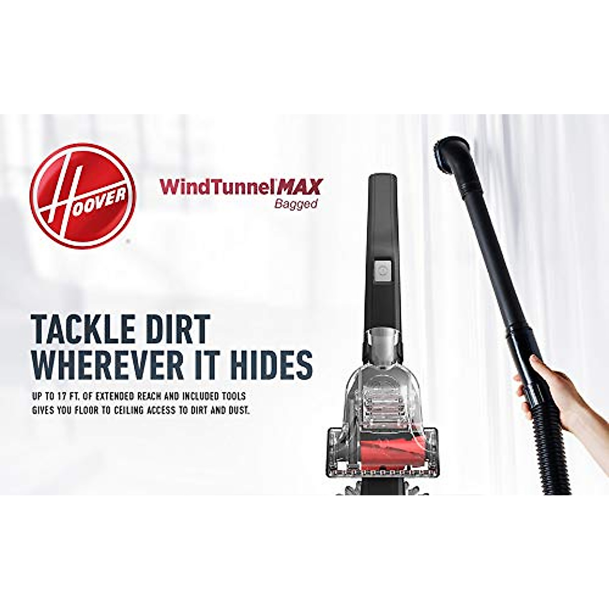 Hoover WindTunnel Max Bagged Upright Vacuum Cleaner, with HEPA Media Filtration, 30ft. Power Cord, UH30600, Red