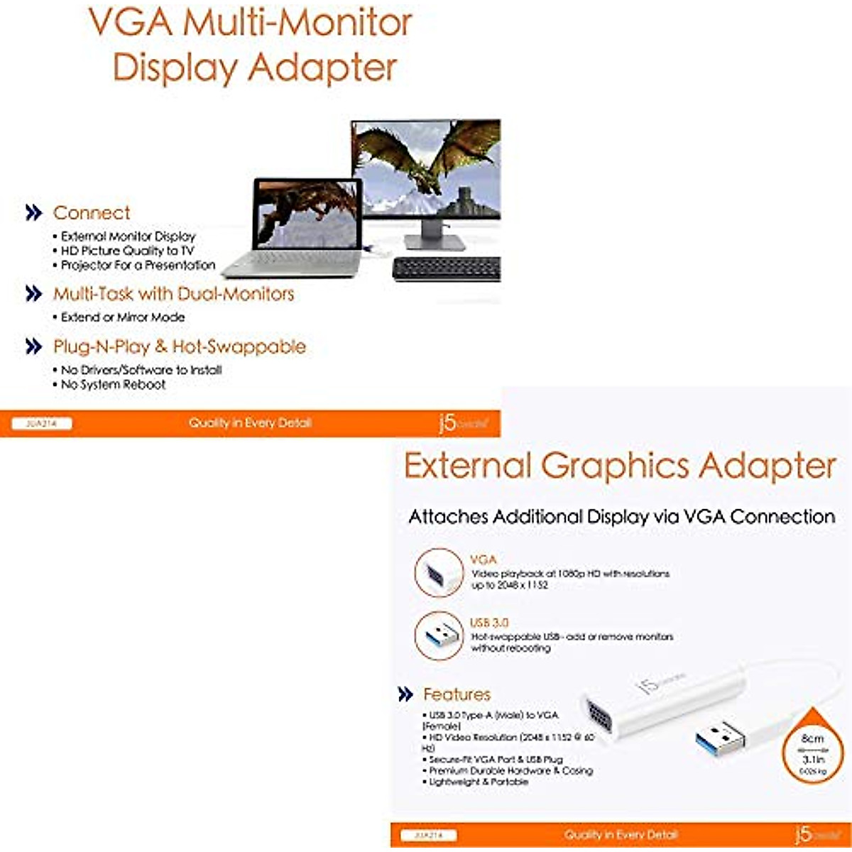 j5create Accessory Bundle - JUD214 Multi-Monitor Desktop Display USB Video Card Converter & Wormhole Switch - JUC-400 Windows & Mac Crossover Cable