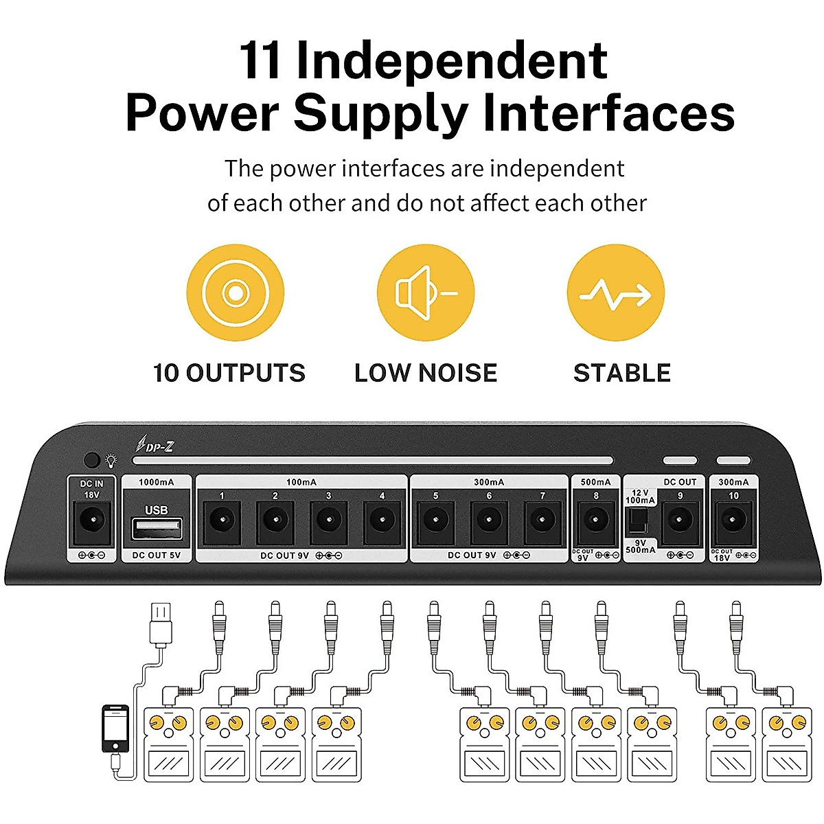 Donner DP-Z 9V Guitar Pedal Power Supply 11 Isolated DC Output with USB Port for 9V/12V/18V Effect Pedal DC 18v 2000m Input