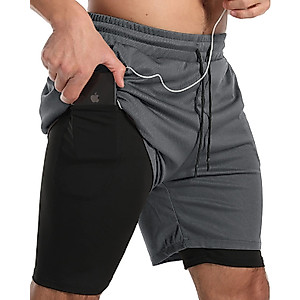 JWJ Men's Running Athletic Workout Sports Mens 2 in 1 Shorts Breathable Gym Short for Men with Pocket, Dark Grey Large
