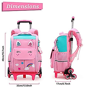 Girls Rolling Backpack with 6 Wheels, 16 Inch Lightweight Roller Backpacks for girls Elementary, Carry-on wheeled backpack for School Travel, 4+ Years Old, Pink