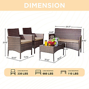 PROHIKER 4 Piece Outdoor Wicker Patio Conversation Furniture Set, Rattan Chair Wicker Sofa Garden Conversation Sets with Cushion and Glass Table for Yard Pool or Backyard, Brown/Khaki
