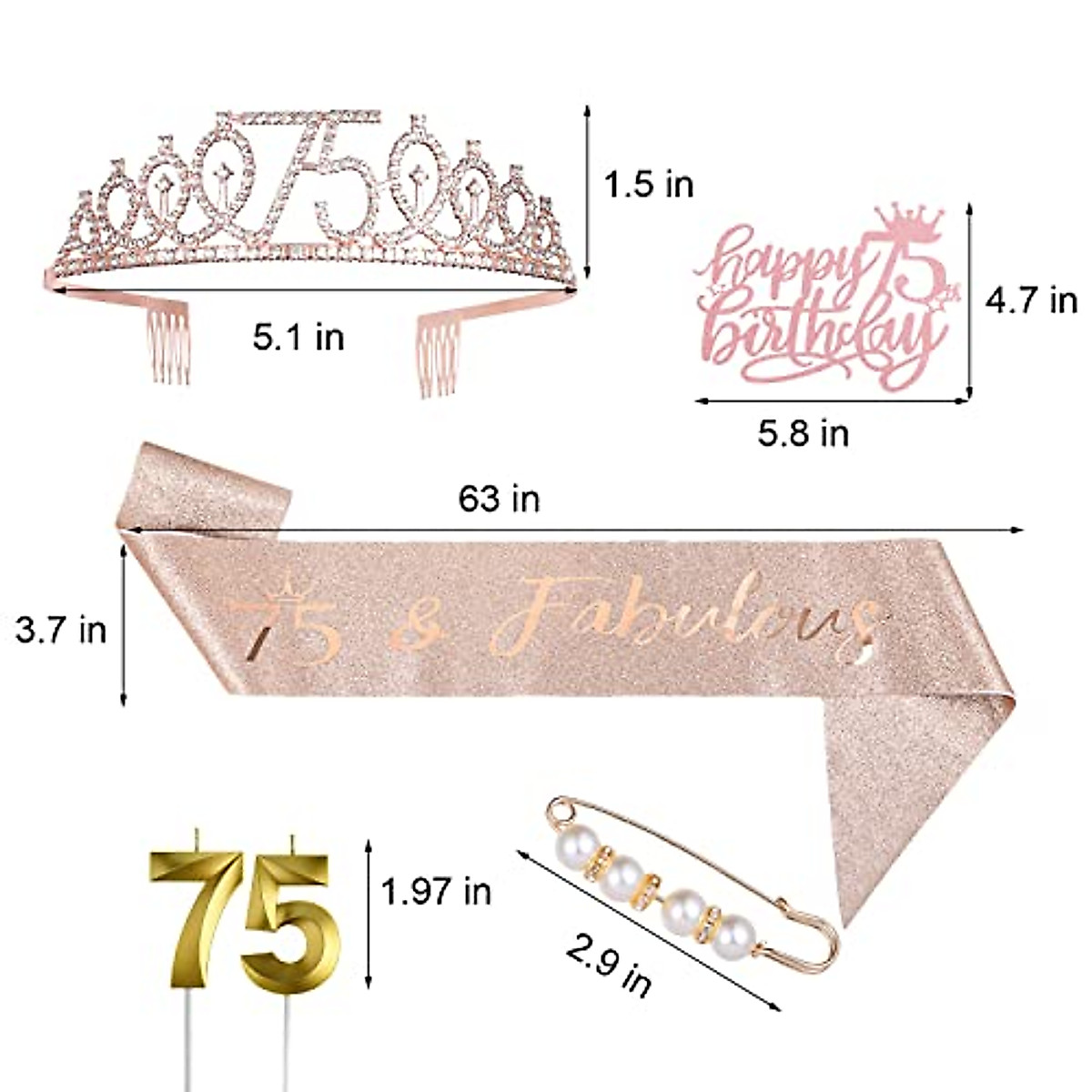 75th Birthday Decorations for Women，Rose Gold 75 Birthday Crown Tiara ，Cake Topper, Birthday Sash with Peal Pin and Birthday Candles Kit,75th Birthday Gifts for Women