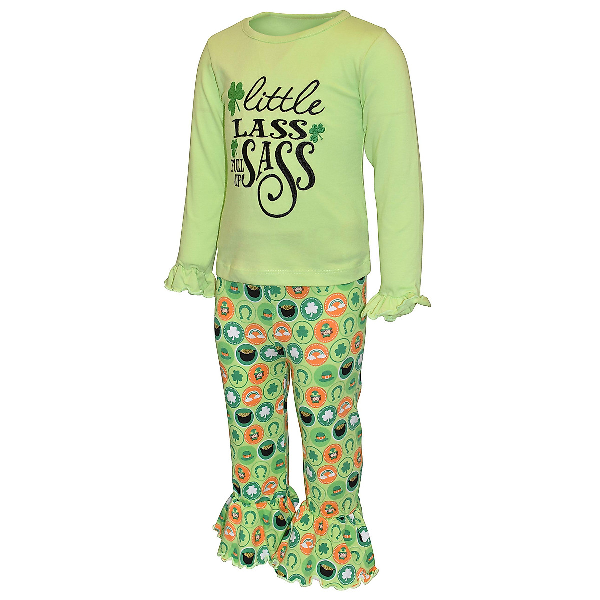 Unique Baby 2 Piece Girls Double Ruffle Leggings and Long Sleeve Shirt Clothes Set Kid and Toddler Girl St Paricks Day Outfit (7 Years, Little Lass)