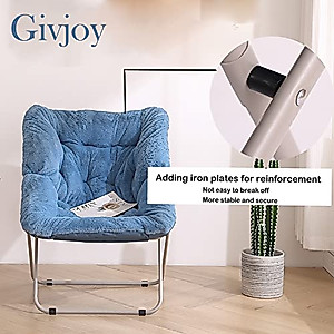 Givjoy Saucer Chair, Soft Faux Fur Oversized Folding Accent Chair, Soft Furry Lounge Lazy Chair, Metal Frame Moon Chair for Bedroom, Living Room