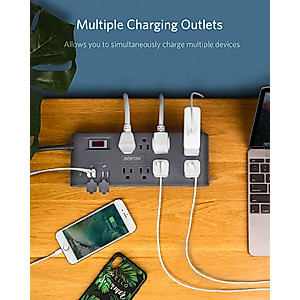 BESTEK 8-Outlet 6 Feet Extension Cord Power Strip with USB 15A 1875W Surge Protector with 5V 4.2A 4 USB Port Desktop Charging Station,600Joule,Grey