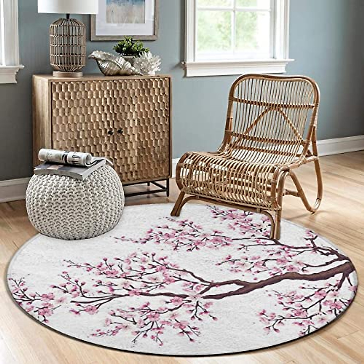 Round Area Rugs 3ft Diameter Throw Rugs Non-Slip Floor Carpet for Bedroom Living Room Nursery Decor (Branch of A Flourishing Tree Flowers Cherry Blossoms Spring Theme Art White)
