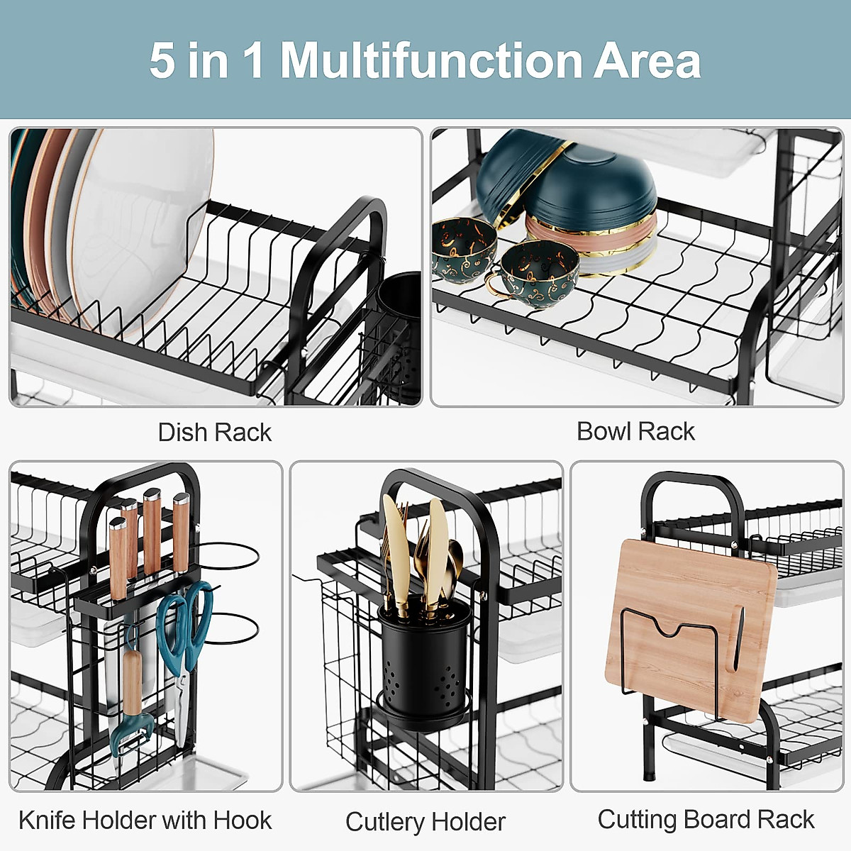 iSPECLE Dish Drying Rack - 2-Tier Dish Rack with Utensil Holder, Cutting Board Holder and Dish Drainer, Metal, for Kitchen Counter, Black
