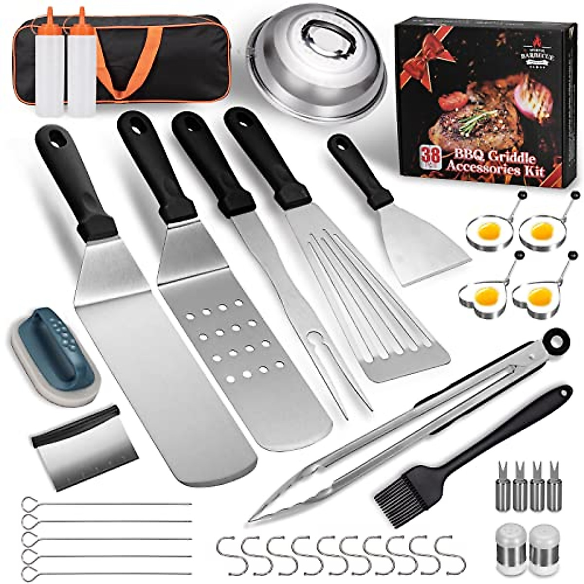 Camping Grill Set Flat Top Grill Accessories, Spurtar 38 PCS BBQ Accessories Outdoor Griddle Accessoriesfor Blackstone and Chef with Basting Cover Barbeque Grill Grilling Accessories with Cleaning Kit