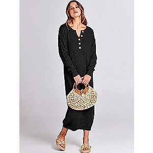 ANRABESS Women Sweater Maxi Dress Long Sleeve Button V Neck Oversized Casual Loose Waffle Knit Fall Long Midi Sweater Dress 2023 Trendy Outfits 1130heise-L Black