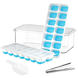 DOQAUS Ice Cube Tray with Lid and Bin, Upgraded Silicone Ice Cube Trays for Freezer with Container Ice Cube Maker Stackable Easy Release, 2 Pack Ice Trays & 1 Pack Ice Bucket Tong Scoop