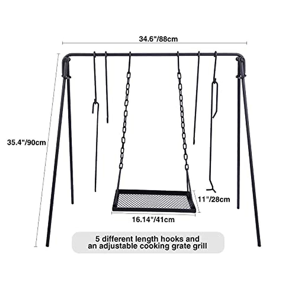 REDCAMP Campfire Cooking Stand for BBQ Picnic Cookware Party, Swing Hanging Grill for Fire Pit with Dutch Oven Lid Lifter & Hooks