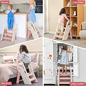 Onasti Foldable Toddler Step Stool for Bathroom Sink, Adjustable 3 Step Stool for Kids Toilet Potty Training Stool with Handles, Child Kitchen Counter Stool Helper, Plastic Ladder for Toddlers Pink